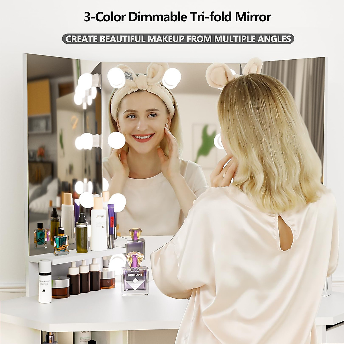 Likein Corner Vanity, Makeup Vanity Desk with Lights, Bedroom White Vanity with Lighted Mirror, Makeup Table with Drawers and Mirror for Women Girls, 3 Lighting Modes Brightness Adjustable