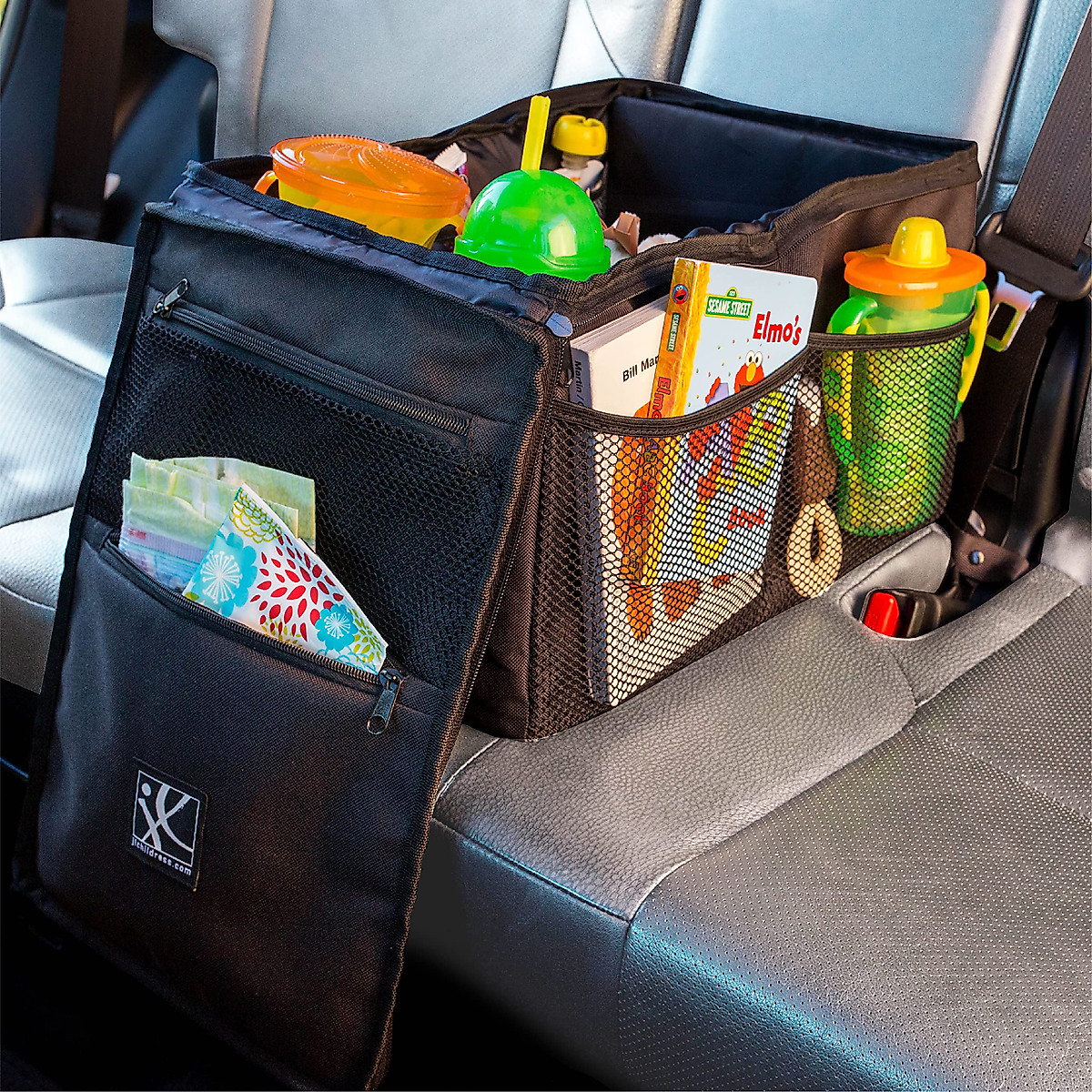 J.L. Childress Backseat Butler Car Seat Organizer - Cup Holders and Storage for Front, Back, Passenger Seats, Trunk - Travel Roadtrip Organization - Extra Large Size - 10 Pockets - Black