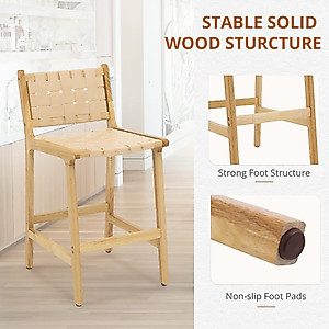 LUE BONA Counter Height Bar Stools 24inch, Set of 4 Faux Leather Woven Counter Stool with Backs, Woven Strips Rattan Barstools with Wood Legs for Home Kitchen, Deep Beige