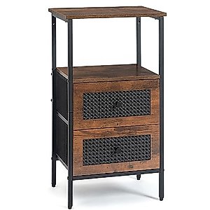 DOVAMY Rattan Nightstand with 2 Drawers, End Table for Small Spaces, Side Table with Storage for Bedroom, Living Room, Dorm, 27.5'' Bed Stand with Open Shelf, Rustic Brown BN03V
