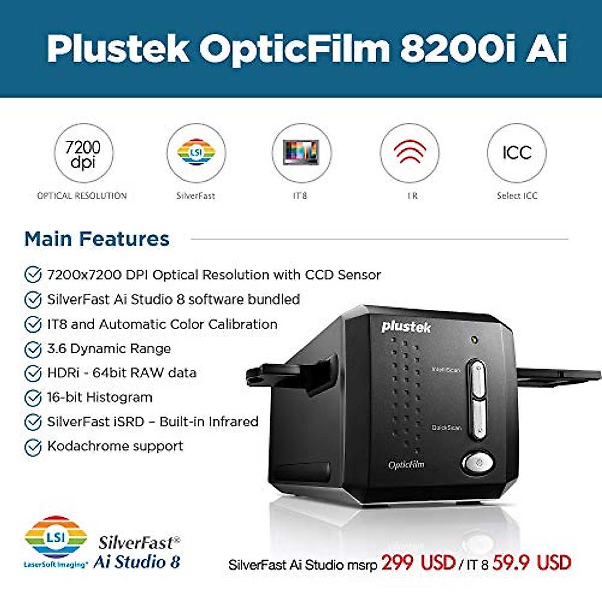 Plustek OpticFilm 8200i AI - 35mm Film & Slides Scanner. IT 8 Calibration Target + SilverFast Ai Studio 8.8, 7200 dpi Resolution 64Bit HDRi , Mac/PC