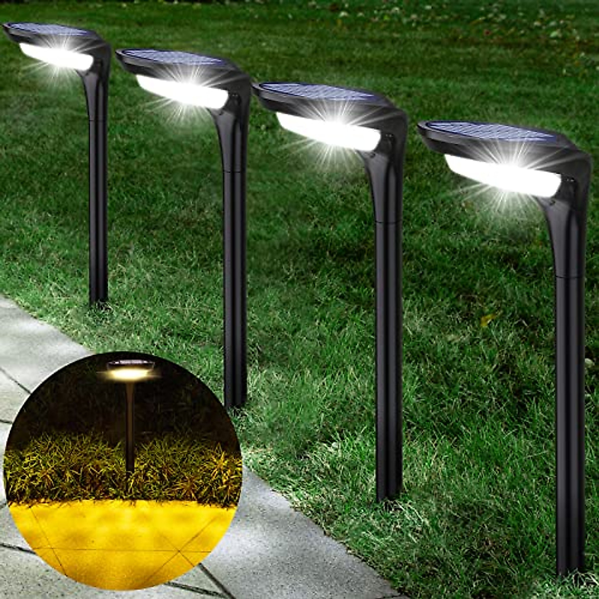JSOT Solar Garden Lights, 150 Lumen Bright Solar Pathway Lights, Solar Lights Outdoor Waterproof Landscape Lighting for Outside Yard Backyard Path Driveway Walkway, Cool Light & Warm Light, 4 Pack
