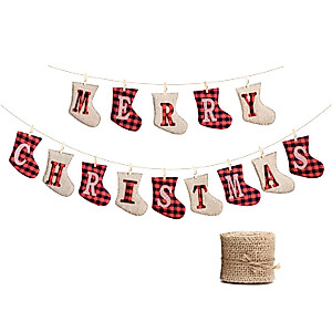 Merry Christmas Banner, Rustic Christmas Tree Ornaments Stocking Decorations, Unique Hand-Sewn Burlap Socks Shaped Christmas Tree Decorations, Stockings for Home Office Party Fireplace Decoration
