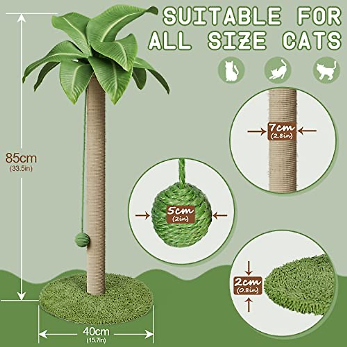 Kphico Cat Scratching Post for Indoor Cats,33.5" Tall Large Cat Scratching Post with Natural Sisal Rope,Kitten Scratcher with Simulated Leaves & Hanging Ball,Send 1 Cat Teasing Stick and 2 Catnip