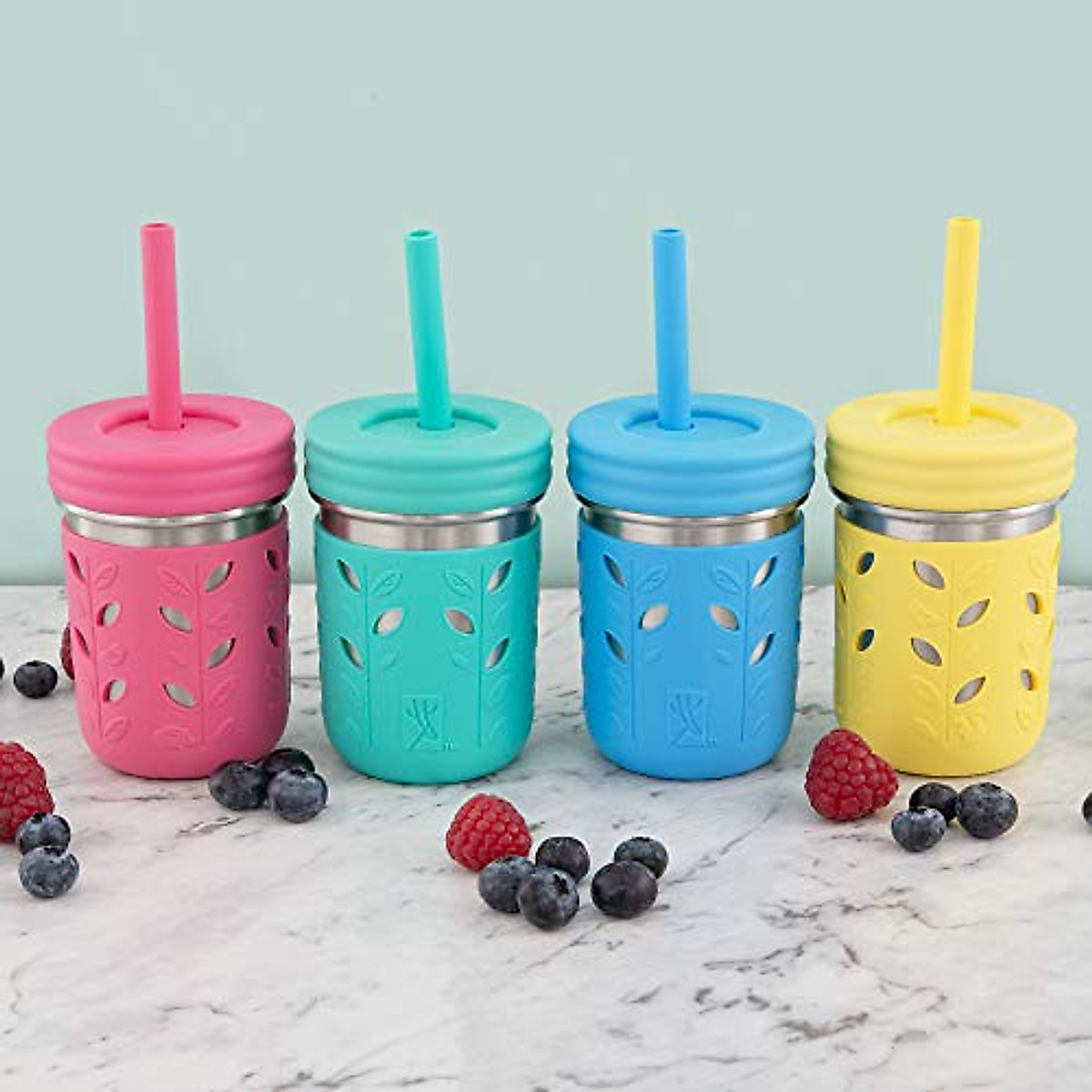Elk and Friends Stainless Steel Cups | Mason Jar 10oz | Kids & Toddler Cups with Silicone Sleeves & Silicone Straws with Stopper | Sippy Cups, Spill Proof Cups for Kids, Smoothie Cups