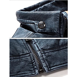 CHARTOU Men Retro PU Faux Leather Bomber Jacket Stand Collar Fleece Lined Motorcycle Jacket Zip Up (Medium,Blue)