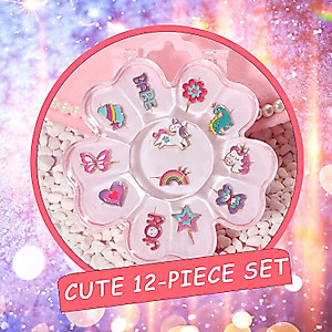 PinkSheep Rings for Kids Jewelry for Girls Unicorn Ring Rainbow Ring Butterfly Ring 12 PC Gift for 4/5/6/7/9/10 Years Old Flower Packaging