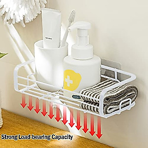 Poeland Shower Caddy Shelf with Hooks, Wall Mounted Organizer No Drilling Adhesive Floating Shelf Storage Rack for Bathroom, Kitchen White