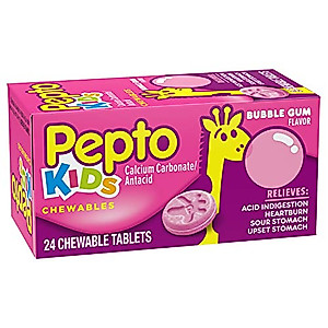 Pepto Kid's Bubblegum Flavor Chewable Tablets for Heartburn, Acid Indigestion, Sour Stomach, and Upset Stomach for Children 24 ct