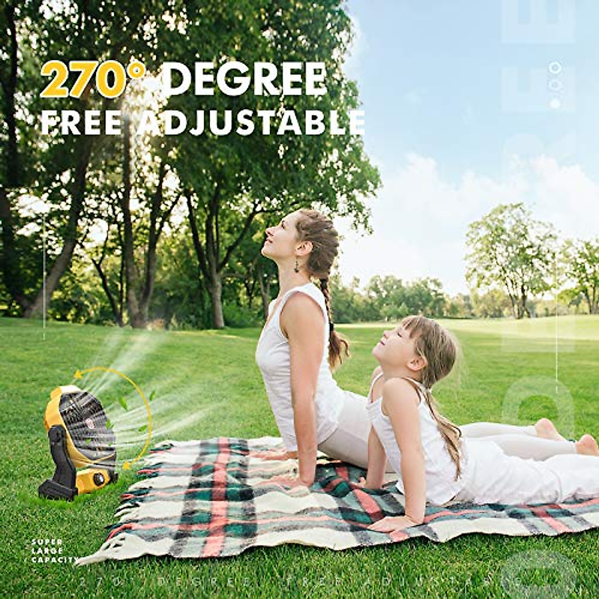 Camping Fan with LED Lantern, 10400mAh 9-Inch Rechargeable Outdoor Tent Fan, 270°Head Rotation, Stepless Speed and Quiet Battery Operated USB Fan for Picnic, Barbecue, Fishing, Travel