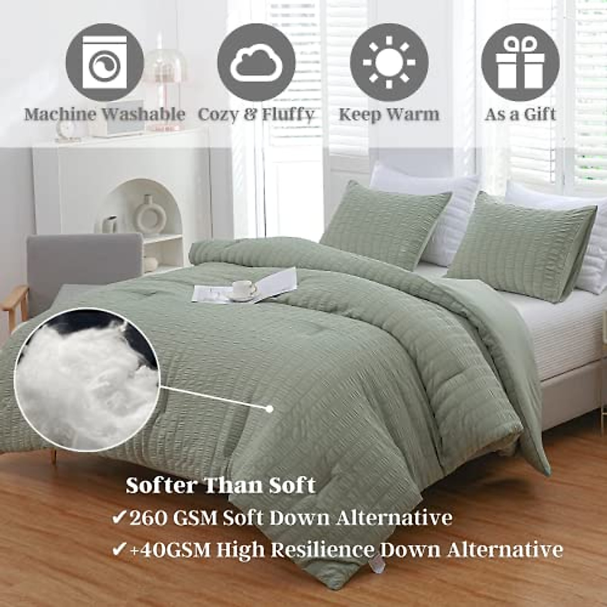 HAOWANER Sage Green Comforter King, 3 Pieces Sage Comforter Set King, Sage Green King Comforter Set King Sage, 90"x104" Green King Size Comforter Set, King Comforter Green King Bedding Set Sage