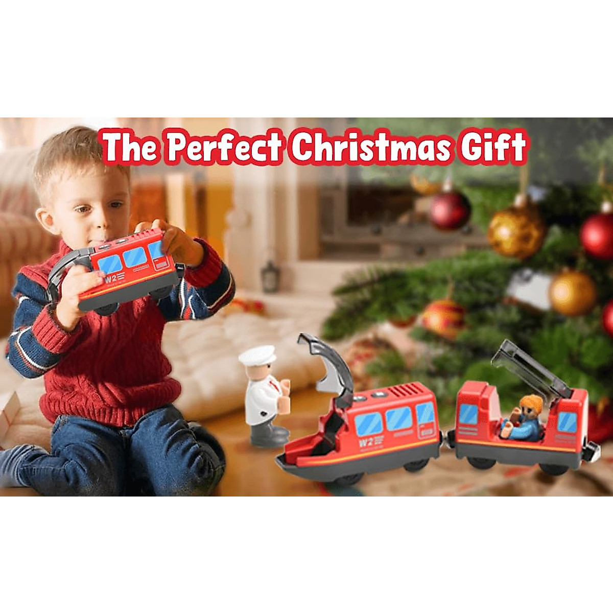 Giant bean Battery Operated Action Locomotive Magnetic Train Set for Wooden Train Tracks, Powerful Engine Compatible, Wood Train Track Toys for Kids 3+