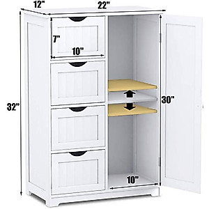 Giantex Bathroom Floor Cabinet Wooden with 1 Door & 4 Drawer, Free Standing Wooden Entryway Cupboard Spacesaver Cabinet, White