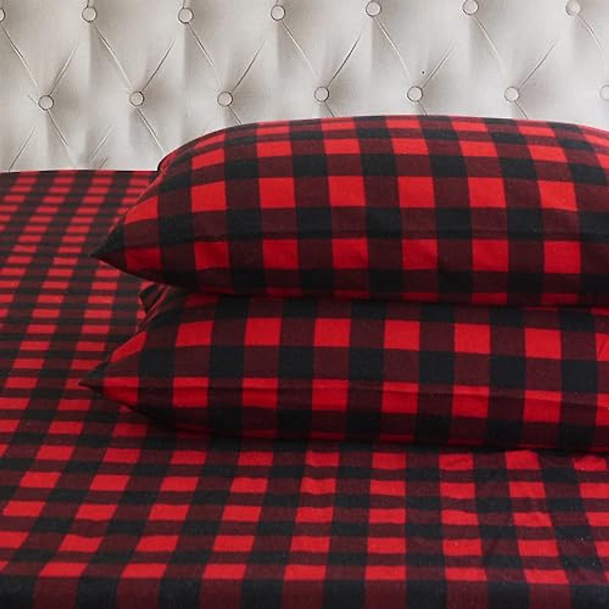 Elegant Comfort Soft 4-Piece 100% Turkish Cotton Flannel Sheet Set - Premium Quality, Deep Pocket Fitted Sheet, Ultra Soft, Cozy Warm Flannel Sheets - King, Buffalo Check Burgundy