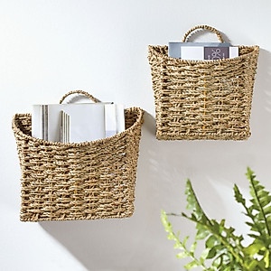 mDesign Woven Seagrass Hanging Wall Storage Basket for Flowers & Essentials, Decorative Boho Mounted Organizer for Pantry, Closet, Bathroom, and The Door - Set of 2 - Natural