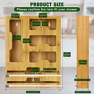 Wattne Bag Storage Organizer for Kitchen Drawer & Wrap Dispenser with Cutter, 6 in 1 Bamboo Organizer Compatible with 12" Aluminum Foil Roll, Suitable for Gallon, Quart, Sandwich Bags, Roll etc