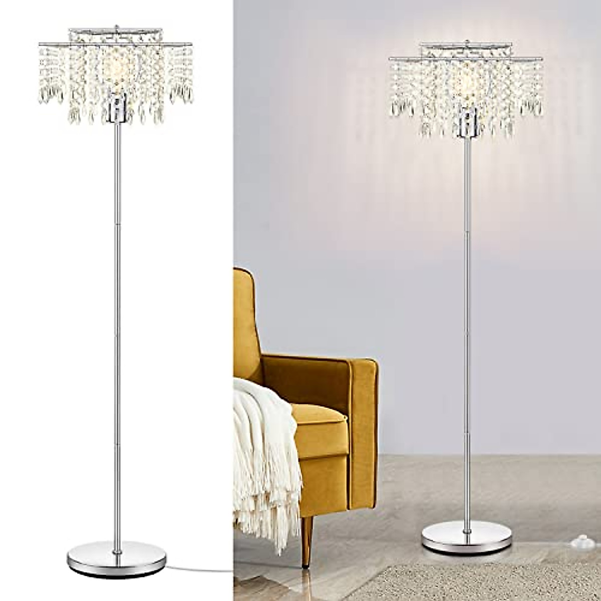 Mlambert Double-Layer Modern Lampshade Crystal Floor Lamp for Bedroom for Livingroom,Elegant Standing Lamp,61.57" Tall Pole Lamp,Suitable for Bedroom,Livingroom,6W LED Bulb Included,Silver