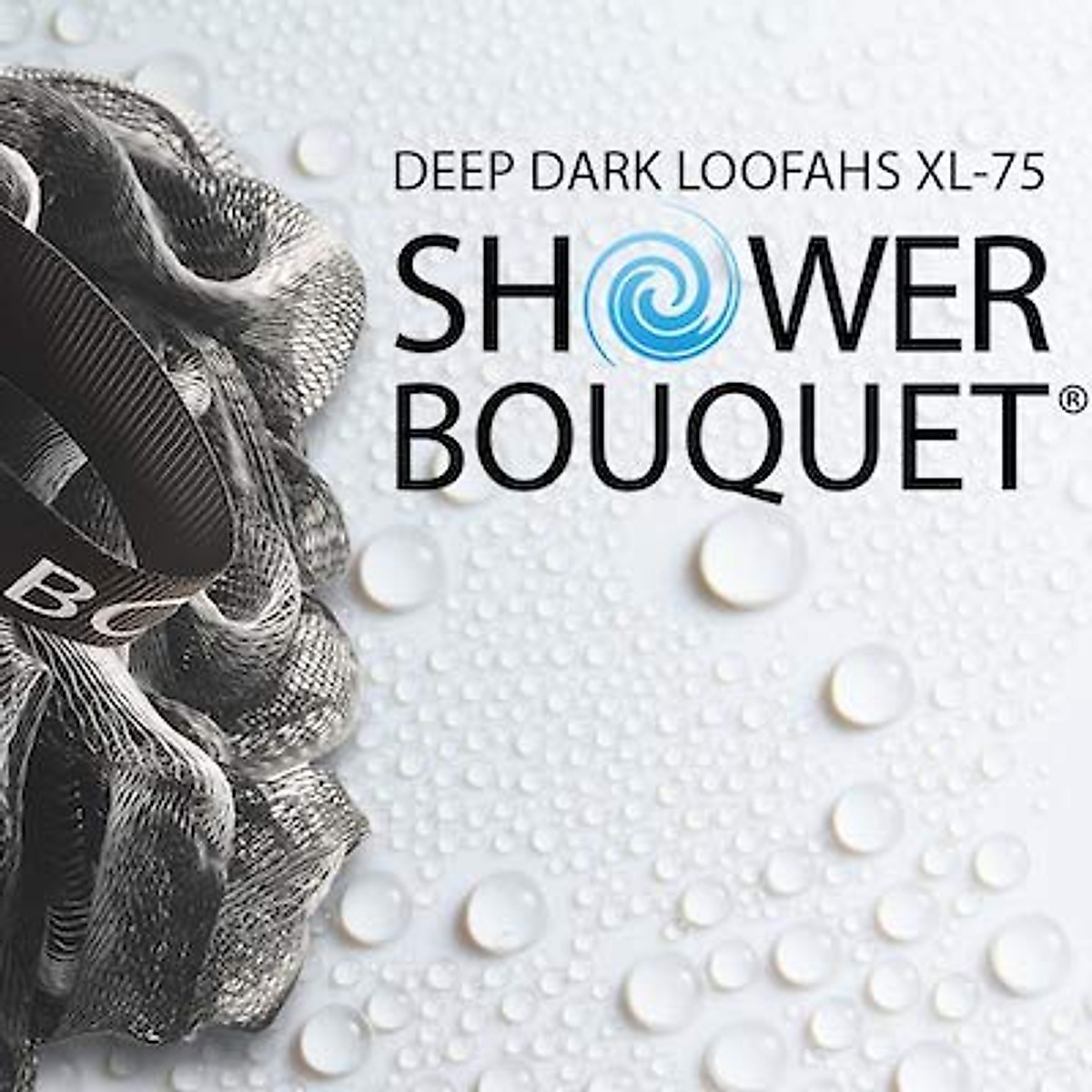 Loofah-Charcoal Bath-Sponge XL-75g-Set by Shower Bouquet: 4-Pack, Extra Large Mesh Pouf Soft Scrubber for Men and Women - Exfoliate with Big Black & White Gentle Cleanse in Beauty Bathing Accessories