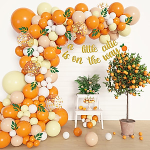 Amandir 122pcs Little Cutie Baby Shower Decorations, Orange Yellow Balloon Garland Arch kit, Willow Leaves A Little Cutie is On The Way Banner for Tangerine Theme Fruit Birthday Party Decor