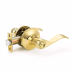Goldentimehardware Privacy Lever Door Handle [Thumb Turn Lock on The Inside] for Bedroom or Bathroom with Polished Brass Finish, Reversible for Right & Left Side,Ware Door Lever Interior Door Lock