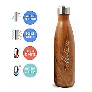 Customized Engraved Double Wall Stainless Steel Vacuum Insulated Water Bottle Birthday Wedding Graduation Gift, 17 oz (Wood)
