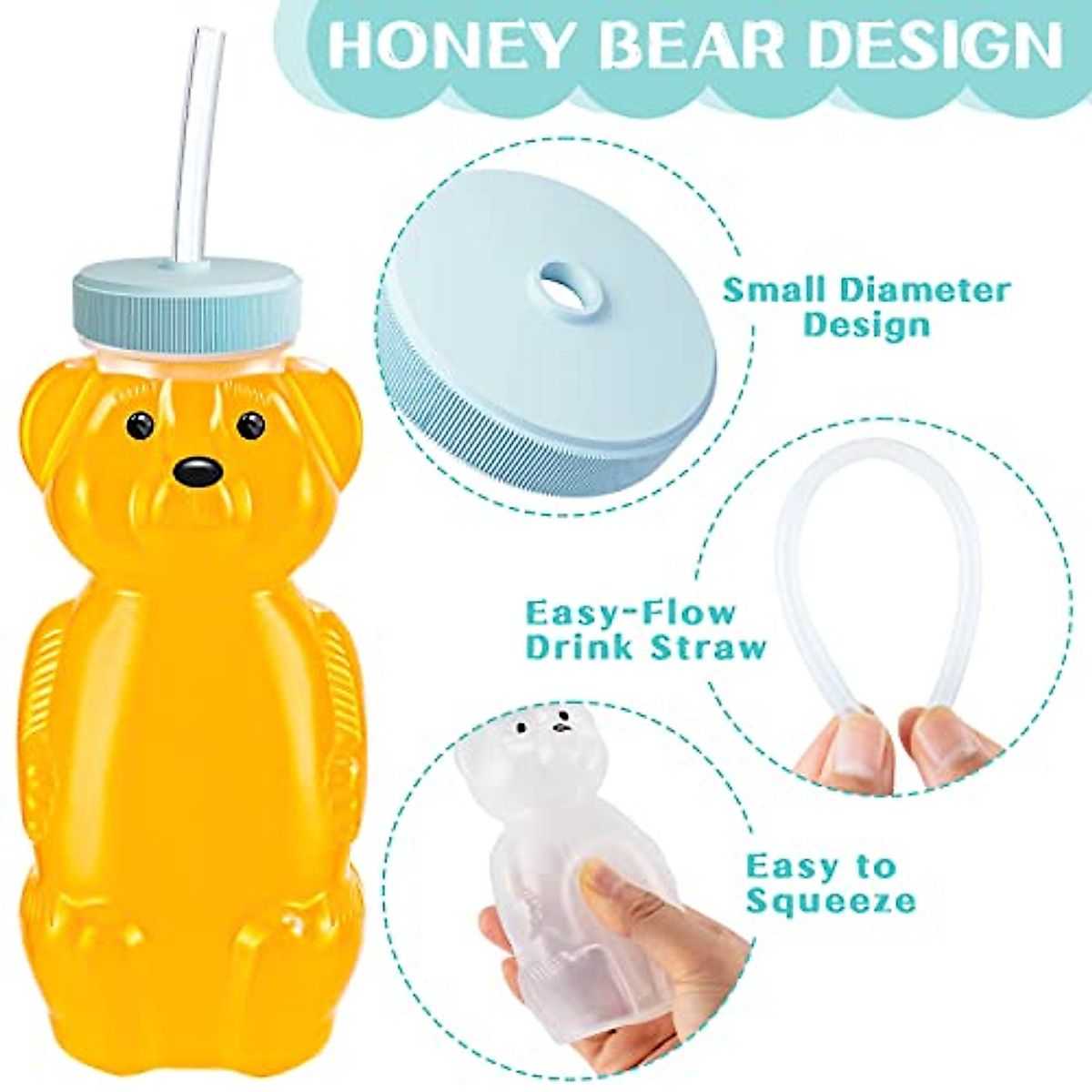 4 PCS Honey Bear Straw Cup, Baby Straw Cups with 8 Flexible Straws and 1 Straw Brushes, 8oz Special Supplies Juice Bear Bottle for Infant Feeding, Drinking Needs of Those with Poor Oral Health (Blue)