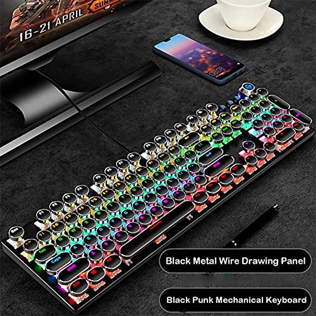 Jamerxie Typewriter Keyboard, RGB Mix Colour Punk Mechanical Keyboard, 104-key Light up Gaming Retro Keyboard with Wired USB for Computers, White/Black (Black Punk)