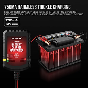 NEXPEAK NC075 12V 750mA Automatic Battery Charger, Battery Maintainer, Trickle Charger, and Battery Desulfator
