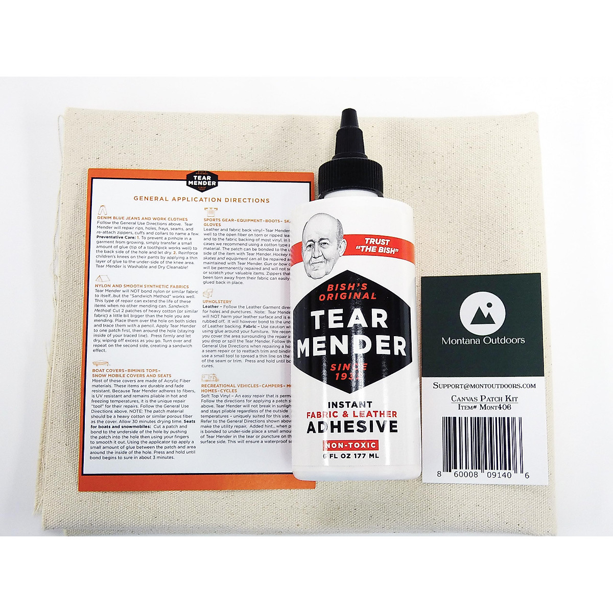 Montana Outdoors Canvas Repair Kit with Over 3.5 Square Feet of Heavy-Duty Canvas & 6 Ounces of Tear Mender Fabric Glue to Repair Tents, Awnings, Pop-Up Campers, Canvas Bags, Covers