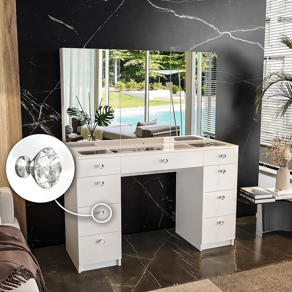Boahaus Lily White Makeup Vanity Desk with Mirror Cabinets, Glass Top, 9 Drawers, and Crystal Ball Knobs - Modern Makeup Desk - Big Vanity - Large