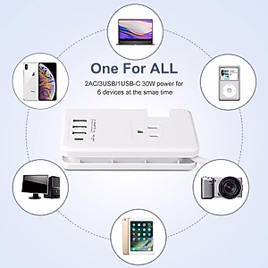 EWIN Power Strip with PD 30W USB C Port,Portable Travel Surge Protector Extension Cord with 2 Outlets,3 USB Charging Port,Flat Plug Compact Size Charging Station for Travel,Home,Office