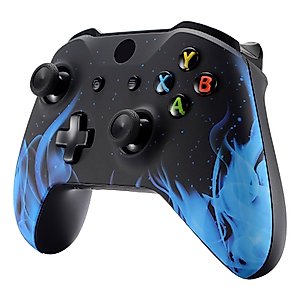eXtremeRate Blue Flame Faceplate Cover, Soft Touch Front Housing Shell Case, Comfortable Soft Grip Replacement Kit for Xbox One X S Controller Model 1708 - Controller NOT Included