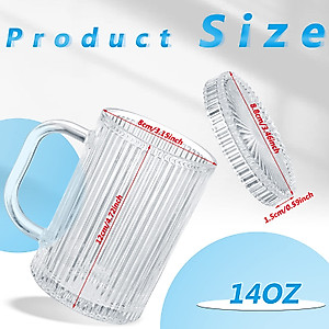 2 Pieces Clear Glass Coffee Mugs with Glass Lids Vintage Vertical Stripes Tea Mug Classic Ribbed Glasses with Handles Clear Coffee Cups for Espresso Latte Anniversary Xmas 14 oz (Clear)