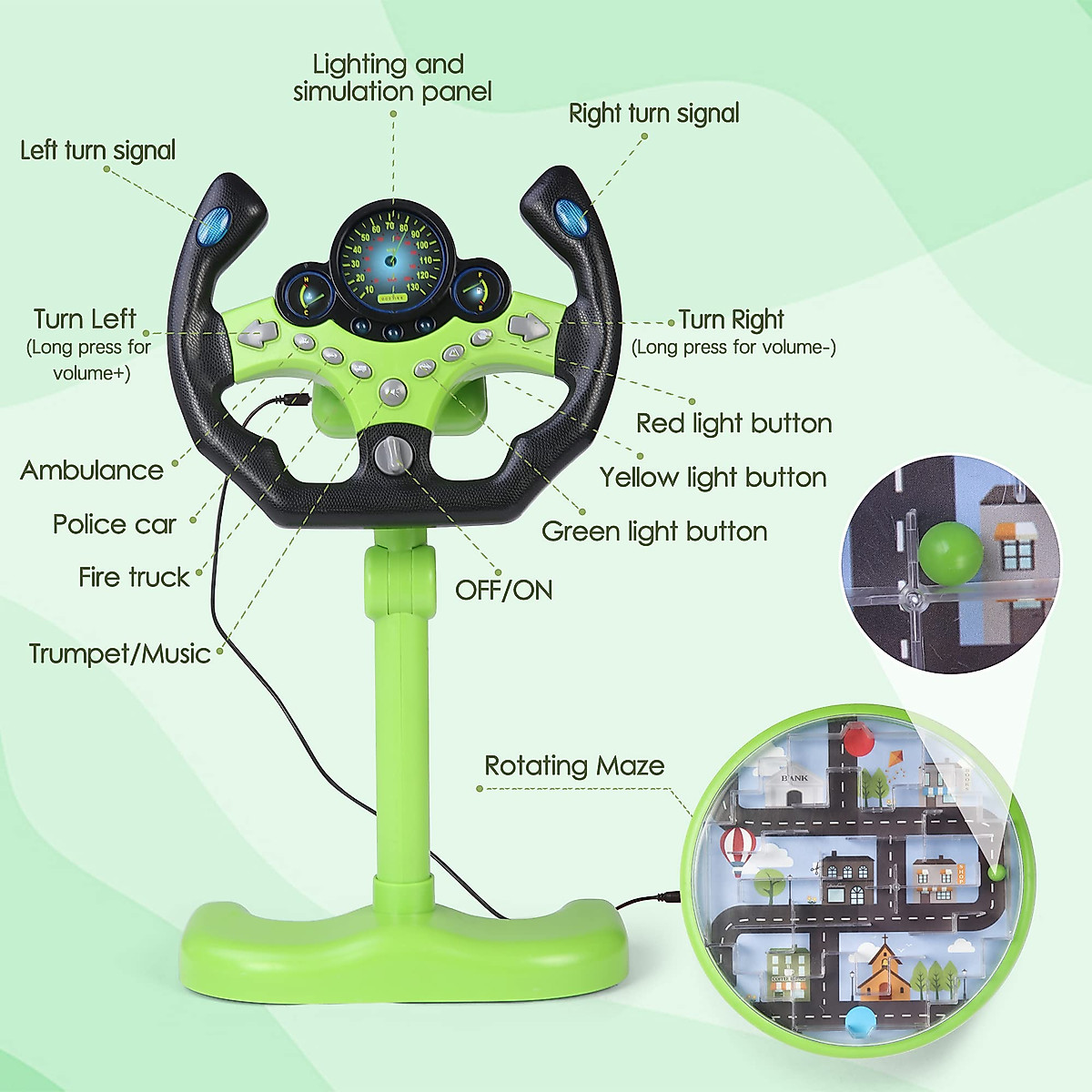 COLOR TREE Toddlers Steering Wheel Pretend Play Simulated Driving Toys with Maze and Simulation Sounds and Lights - Kids Preschool Game Toy - Green