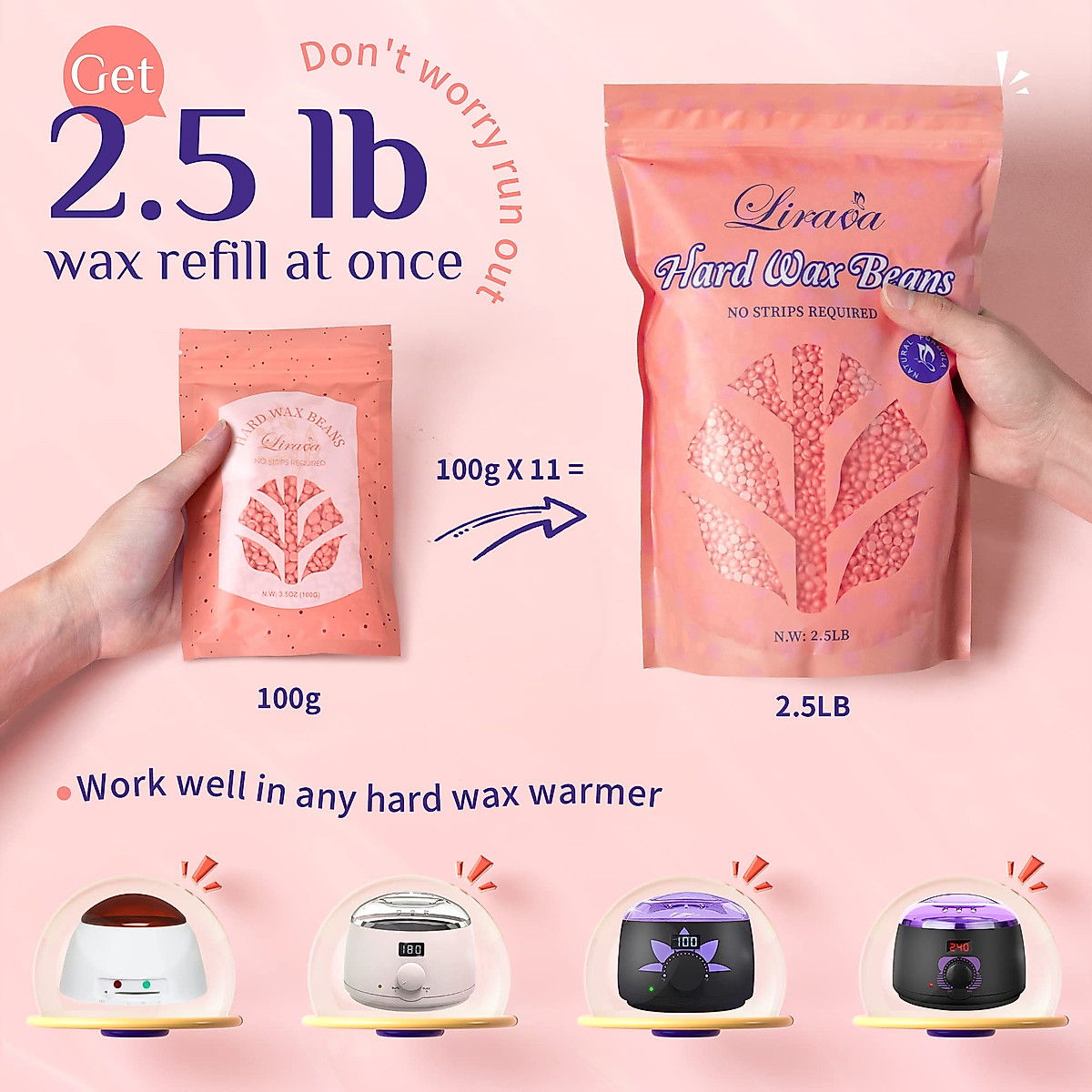 Lirava Hard Wax Beads for Hair Removal 2.5lb, Brazilian Wax beans (Coarse Body Hair Specific) for Full body, Bikini, Underarms, Back, Chest, At Home Waxing Beads Large Refill for Women Men