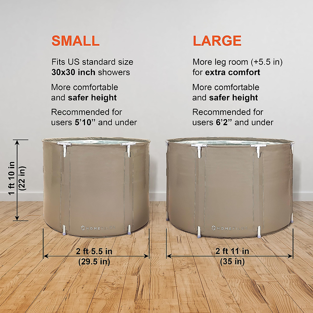 Portable Bathtub with Tray (Small) by HOMEFILOS, Ice Bath and Cold Plunge for Athletes, Japanese Soaking Hot Tub (Non Inflatable, Adult Size) for Shower Stall