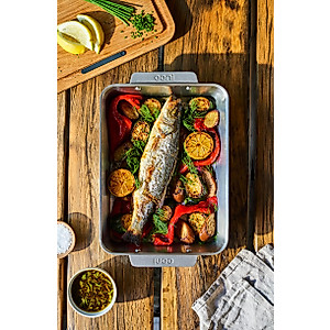 ooni Medium 15" x 10" Roasting Pan - Non Stick Stainless Steel Roasting Tray with Rack and Wooden Carving Meat Board, Ovensafe Cookware, Roaster Tin