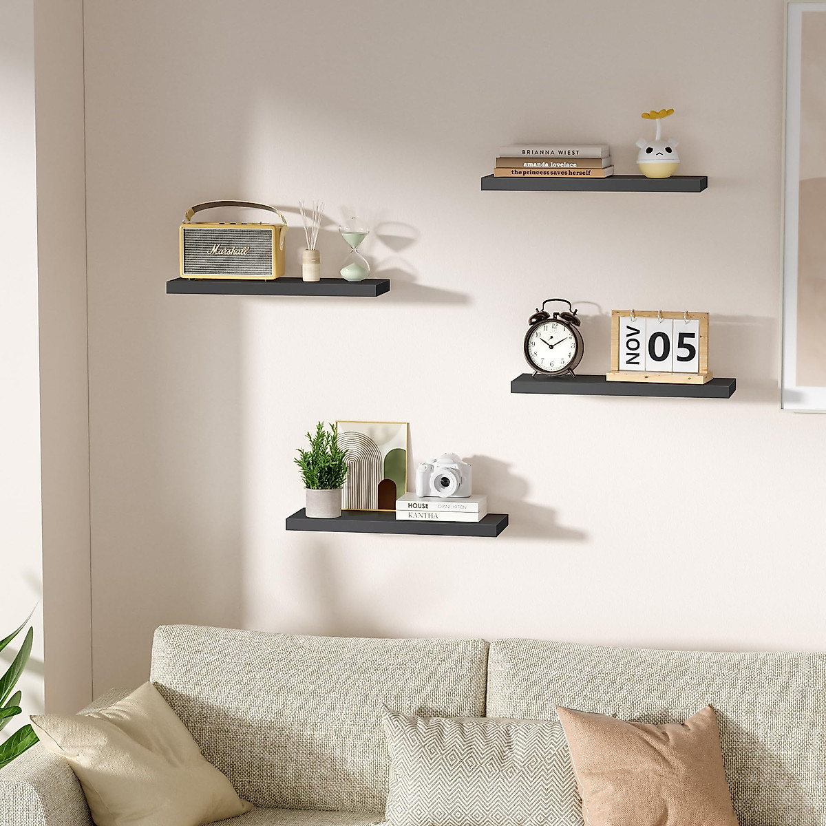 VOGGV Black Floating Shelves for Wall, Wall Mounted Shelves with Invisible Brackets, Wall Shelves for Bathroom, Bedroom, Office, Living Room, Kitchen, Shelves for Wall Decor Storage, Set of 4