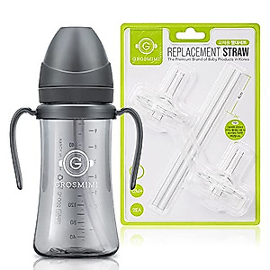 GROSMIMI PPSU Spill Proof Magic Sippy Cup 10 oz (Charcoal) + Replacements (Straw kit 2-counts, Stage 2)