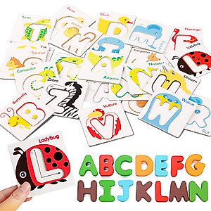 Vankcp 26Pcs Wooden Letters Card Numbers Alphabets ABC Flash Cards Set Montessori Animal Color Cognition Matching Puzzle Game