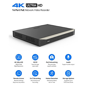 H.VIEW (16ch 4K/8mp/6mp/5mp/4mp/3mp/1080p/720p) Network Video Recorder, 16ch (16-Port PoE) nvr- Supports up to 16 x 4K IP Cameras, Hard Drive Not Included (Supports up to 2x10 Terabytes HDD)