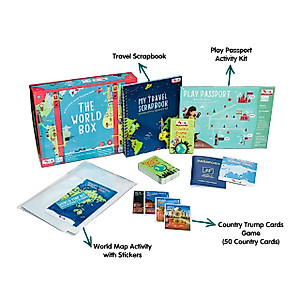 CocoMoco Kids World Map Game for Kids -Combo of 4 Activities - Learn Geography World Map Poster for Wall, Country Trump Cards for Kids, Fake Passport, Travel Scrapbook, Birthday Gift for Boys, Girls