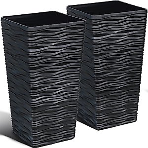 Worth Garden 2-Pack Black Tall Tree Planter - Plastic Square Tapered Plant Pots for Indoor Outdoor - 22" H - Modern Wavy Finish Decorative Flower Pots for Front Porch Containers Patio Deck