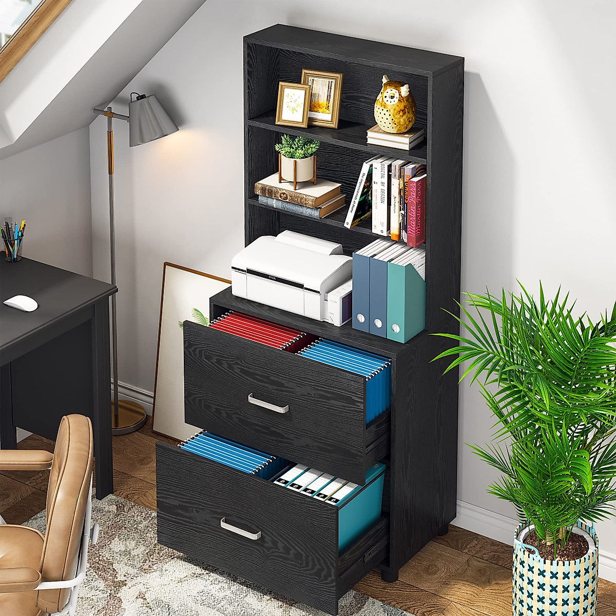 Tribesigns Vertical File Cabinet Modern Wood Filing Cabinet with 2 Large Drawer fit Letter/A4 Size, Large Printer Stand with 4 Open Storage Bookshelves for Home Office, Black