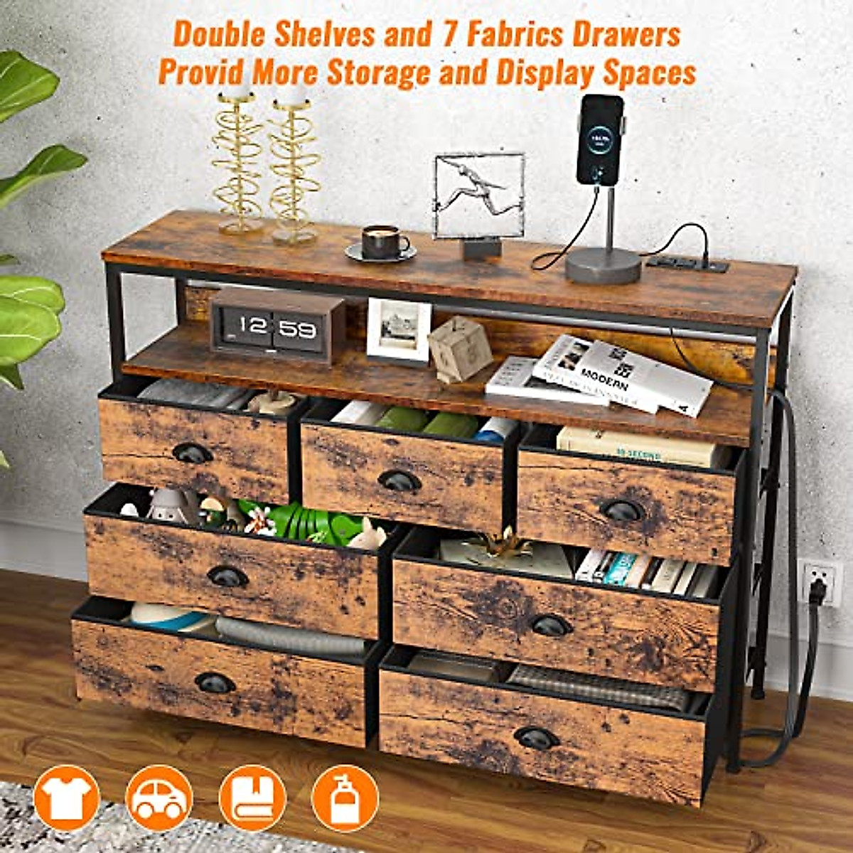 Dresser TV Stand with Power Outlets, Console Sofa Table with 7 Fabric Drawers and Shelves, Nightstand Set 2 with 2 Fabric Drawers, End Table with Open Wood Shelf, Side Table for Bedroom, Living Room