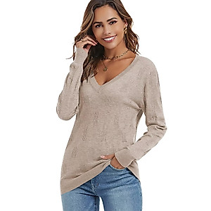 ANFTFH Women's Pullover Sweaters Cashmere Long Sleeve V Neck Fashion Sweater Tops Beige M