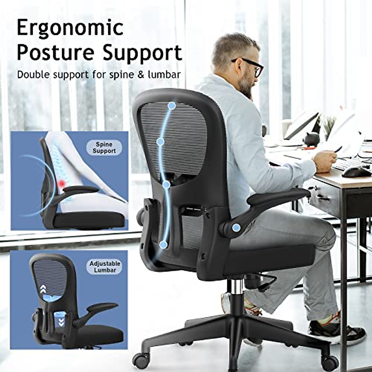 YONISEE Desk Chair - Ergonomic Office Chair Swivel Computer Chair with Flip-up Armrest, Adjustable Lumbar Support, Height Tilting Adjustment, Home Office Desk Chairs Mesh Task Rocking Executive Chair