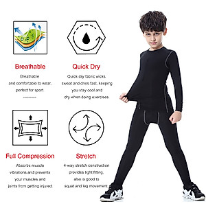 SANKE Boys Soccer Practice Long Sleeve Shirt & Pants 2PCS Compression Set, Black, 10