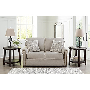 Signature Design by Ashley Gaelon Transitional Loveseat with Nailheads and 2 Accent Pillows, Beige