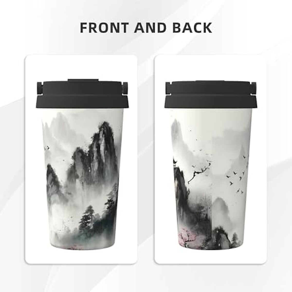 GTKSYNVE Reusable Coffee Mug with Lid and Handle, Ink Painting Style Mountain Tumbler for Hot & Cold Drinks 16oz Stainless Steel Insulated Coffee Tumblers Double Wall Vacuum Thermal Cup